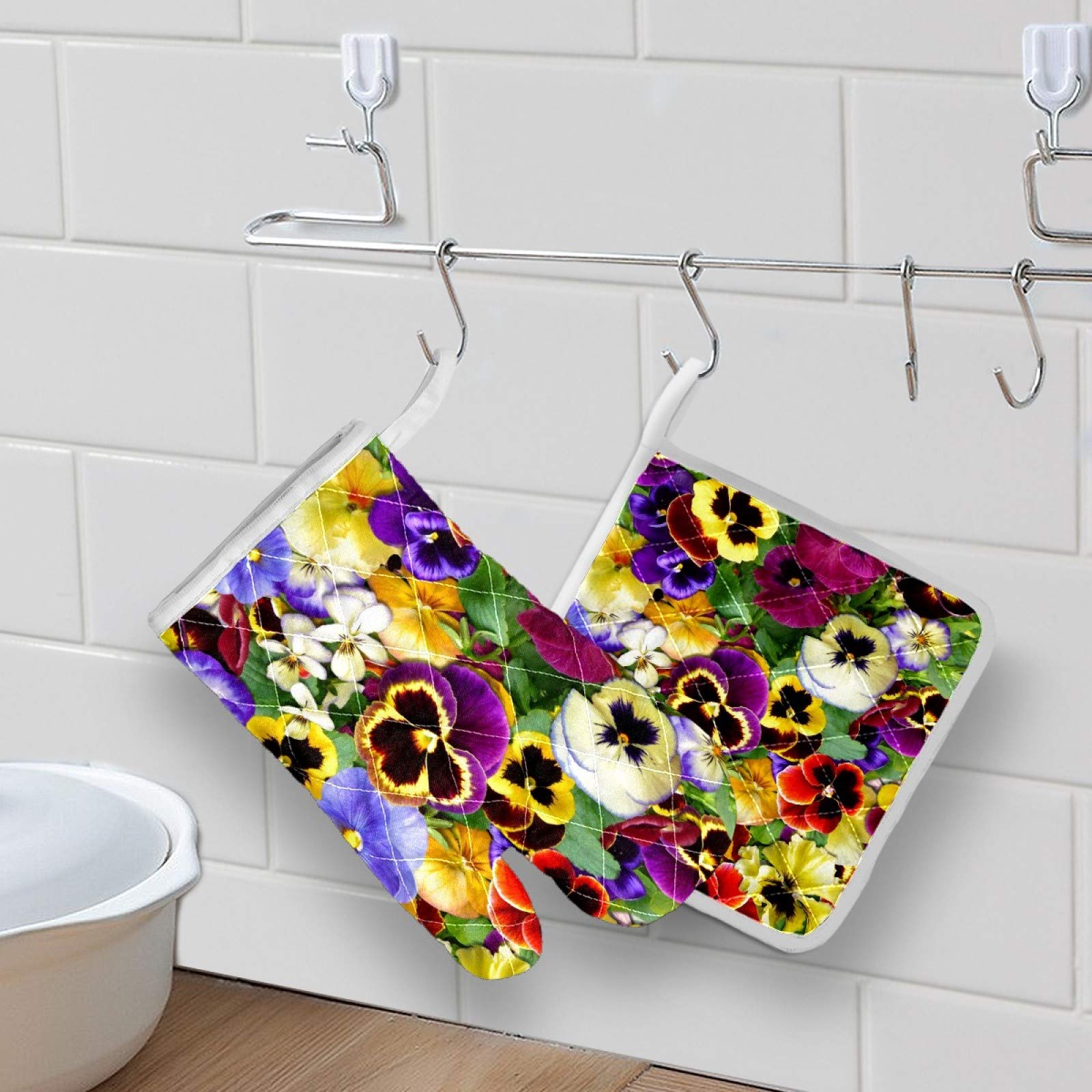 Oven Mitts and Pot Holders Set,Oven Glove Cooking Mitts Hot Pad,Flower Pansies Heat Resistant Kitchen Cooking Mitts Gift for Baking Grilling