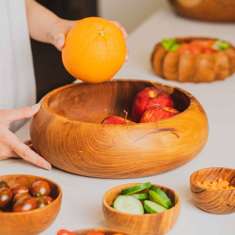 Rainforest Bowls 11" Rounded Javanese Teak Wood Salad Serving Bowl- Perfect for Everyday Use, Hot & Cold Friendly, Ultra-Durable- Exclusive Luxury Custom Design Handcrafted by Indonesian Artisans