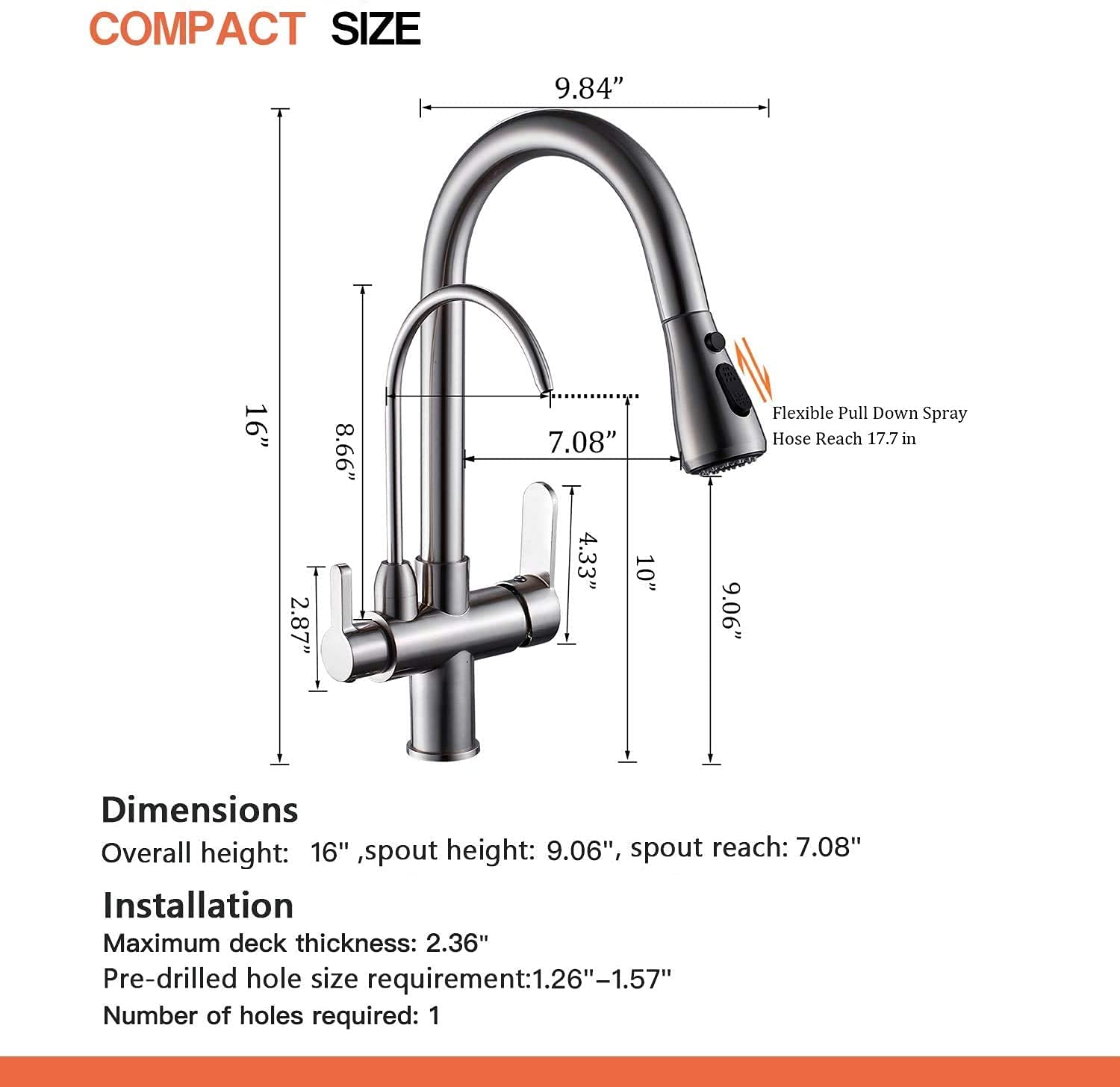 WANFAN Kitchen Sink Faucet with Pull Down Sprayer 2 Handle 3 in 1 Water Filter Purifier Faucets Brushed Nickel 0195SN