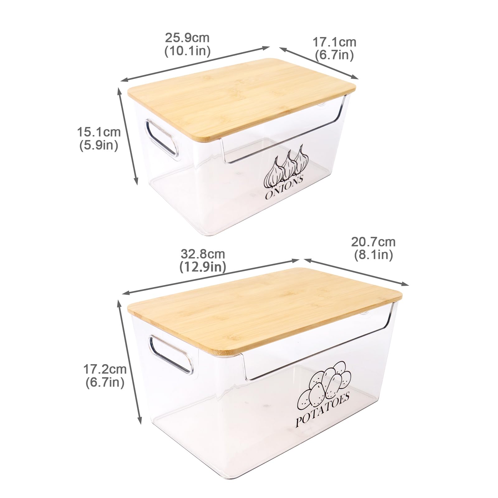 Xbopetda Potato Onion Storage, Potato Bin with Bamboo Lid, Transparent Acrylic Potato Container Onion Keeper, 2 Set Stackable Onion Storage, Pantry Kitchen Counter Organizer for Potatoes Onions-Clear