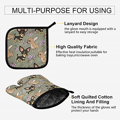 Oven Mitts and Pot Holders Set High Insulated Oven Gloves with Heat Insulation Pad Cute Chihuahua Flower Soft Cotton Lining and Non-Slip Surface Kitchen Mitten for Safe BBQ Cooking Baking