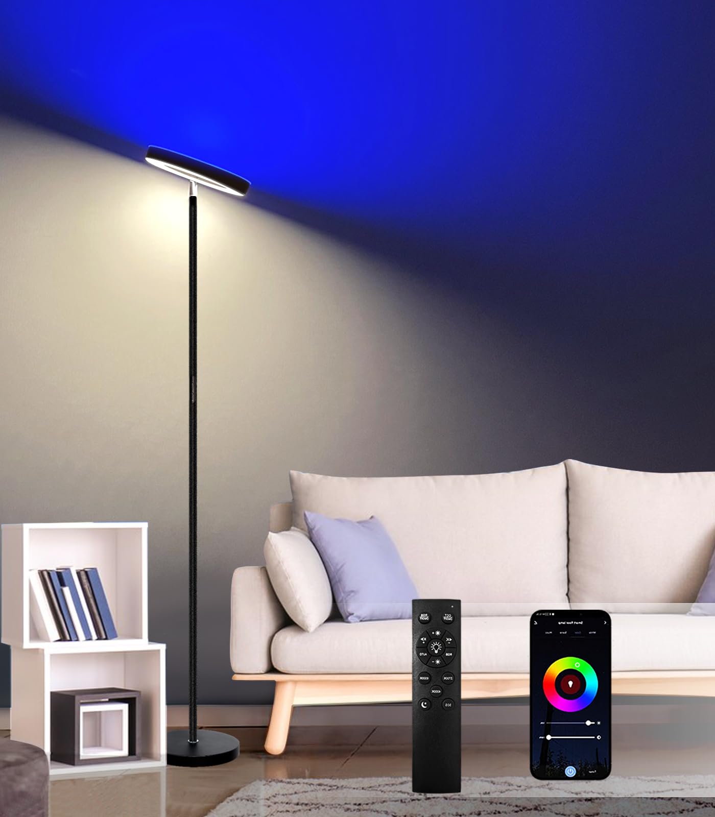 Ovensty Floor Lamp, RGB LED Standing Lamp with Modern Double-Side Lighting, Smart App Control, 2700K-6500K Color Changing Dimmable Upgraded Super Bright Tall Lamps for Bedroom Living Room