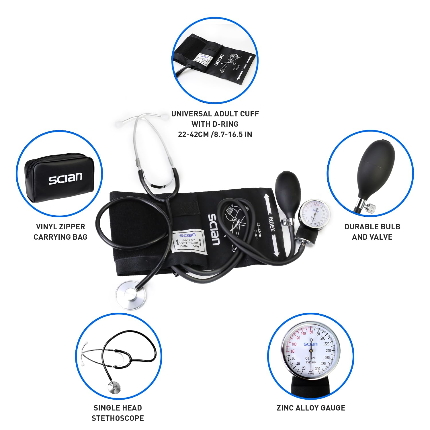 Scian Manual Blood Pressure Cuff with Stethoscope – Professional Aneroid Sphygmomanometer with Adult Cuff 8.7”-16.5”& D-Ring, Classic Bp kit with Carrying Bag (Black)