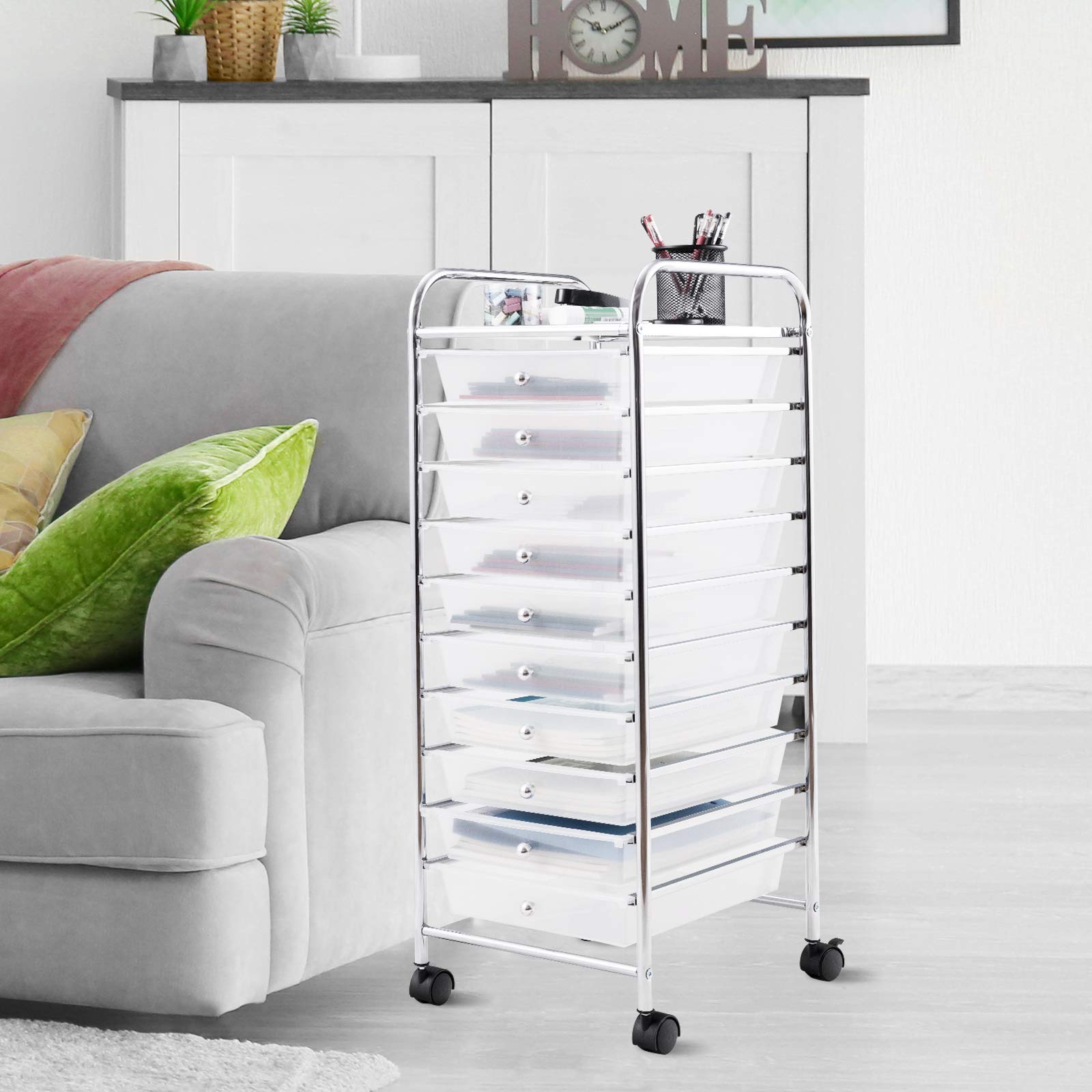 ORALNER 10-Drawer Rolling Storage Cart, 10 Tiers Utility Cart w/Wheels, Metal Frame Home Office School Organizer Cart, Mobile Space Saving File Storage Organizer Cart w/Lockable Casters (Clear)