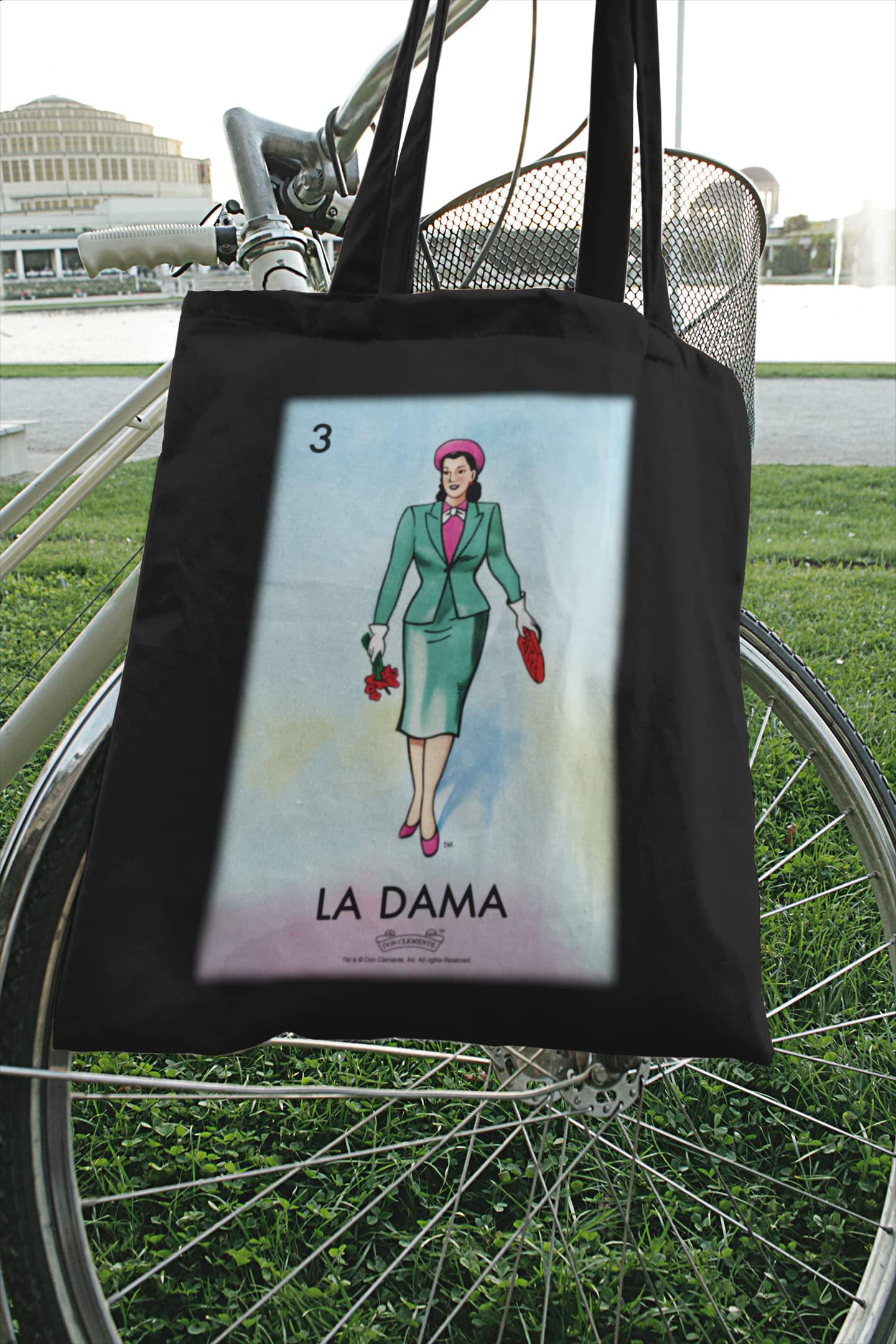 Pop Threads La Dama Woman Lady Loteria Card Mexican Bingo Black 15x15 inches Large Canvas Tote Bag