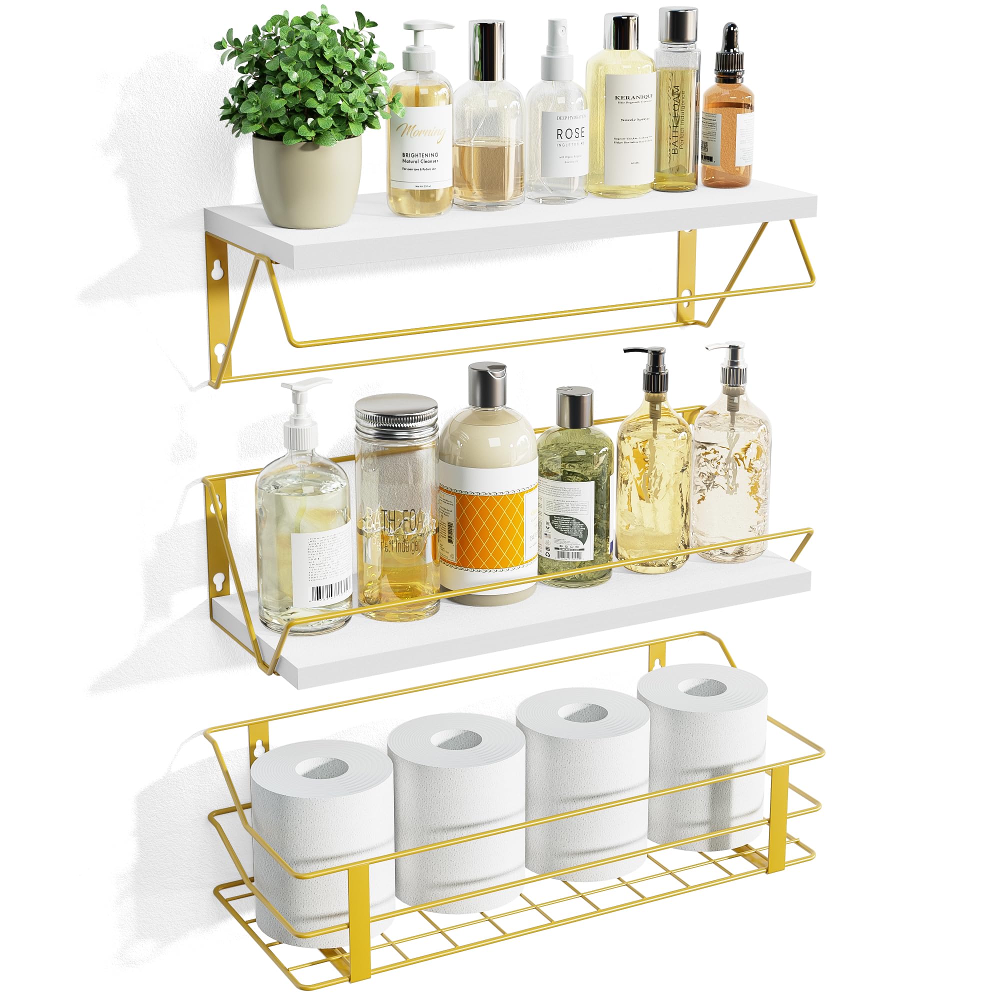 Love-KANKEI Floating Shelves Wall Mounted, Bathroom Shelves Over Toilet with Towel Bar,Wall Shelves with Storage Wire Basket, Wood Shelves for Bedroom Kitchen Living Room Books, Set of 3, White
