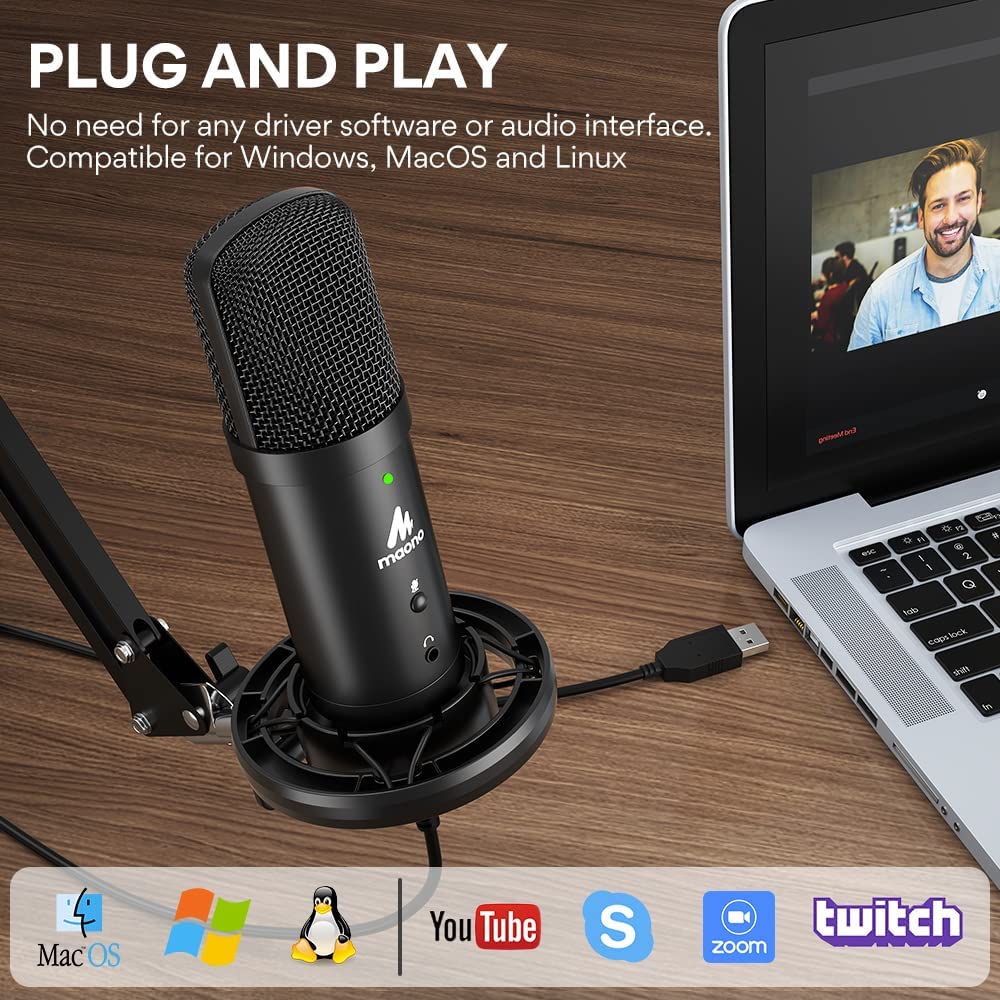 MAONO USB Microphone 192KHz/24Bit Zero Latency Monitoring AU-PM401 USB Computer Condenser Cardioid Mic with Mute Button for Podcasting, Gaming, YouTube, Streaming, Recording Music