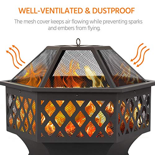 Topeakmart Portable Fire Pit Outdoor Firepit with Mesh Sides Cover Poker Steel Heater Fireplace Wood Burning Pit Hexagon Shaped Fireplace Metal Brazier 24in