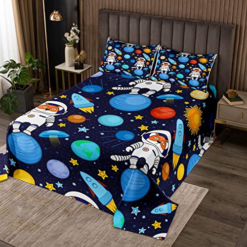 spefrowx Fox Astronaut Coverlet Set Mystic Outer Space Bedding Set Sun Moon Stars Print Bed Spread Set Twin Rocket Spaceship Quilt Sets Kids Cartoon Style Bedspreads & Coverlets Microfiber 2 Piece