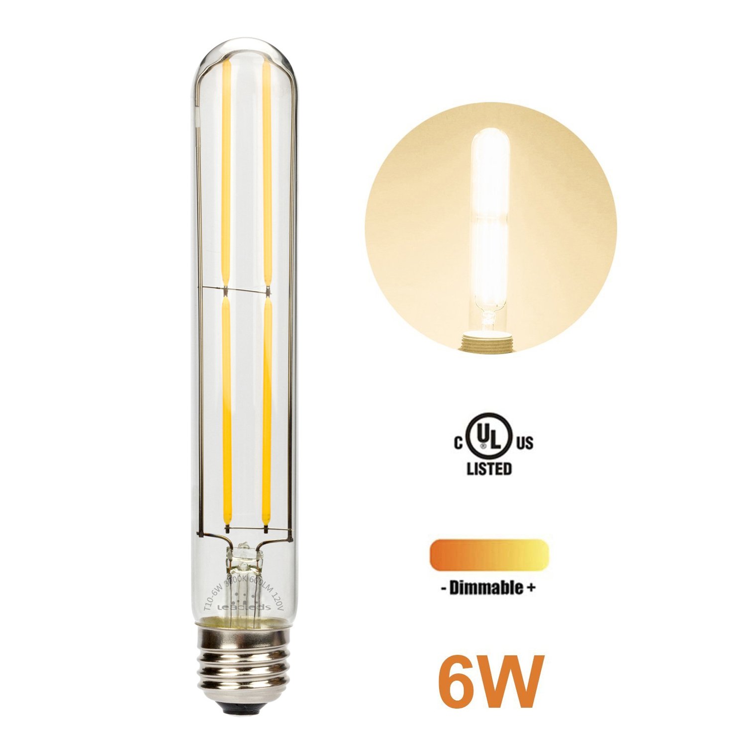 Leadleds Beautiful Edison Bulb Dimmable with Long Filament LED, T10 Tubular E26 Medium Base 60 Watt Incandescent Bulb Equivalent 3000K Warm White