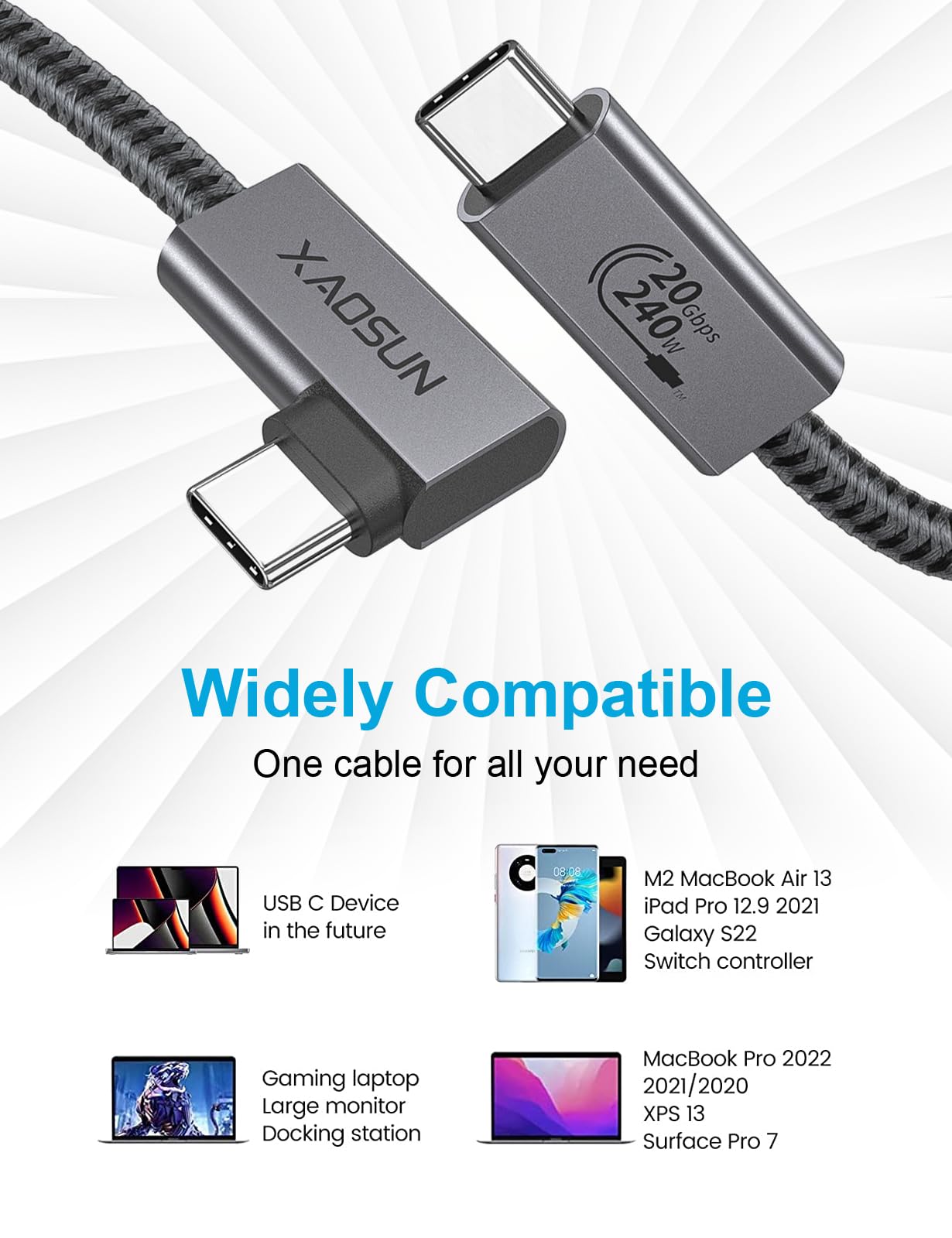 XAOSUN 240W USB C to USB C Cable Cable 6.6ft, Right Angle 90 Degree USB C 3.2 Gen 2 Datat Cable 20Gbps Data Transfer, 4K Video Output Compatible with iphone 15 pro max macbook ipad Monitor SSD samsung