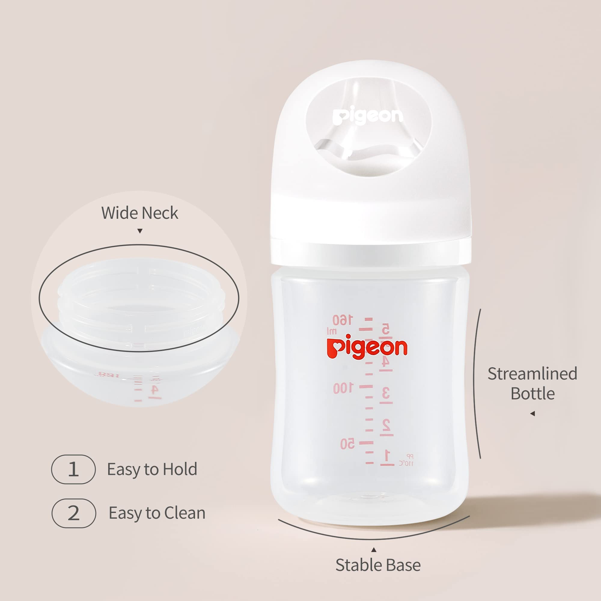 Pigeon PP Nursing Bottle Wide Neck, Streamlined Body, Natural Feel, Easy to Clean, 5.4 Oz(Pack of 4), Includes 4pcs SS Nipples (0m+)