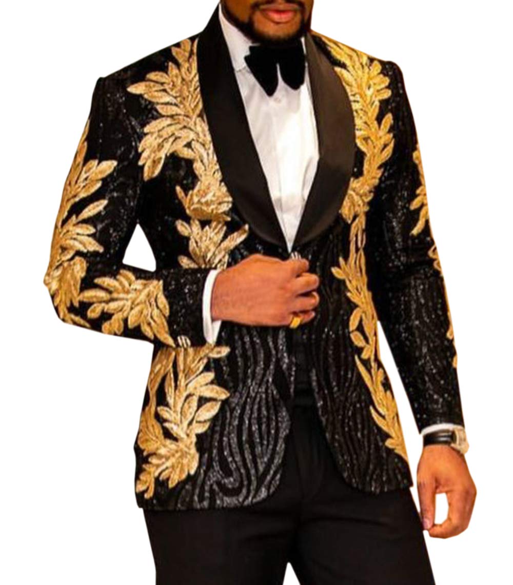 Lovee Tux 2 Pieces Men's Shiny Sequins Gold Applique Suits Prom Tuxedos Grooms Jacket Wedding Party Suits (Blazer+Pants)(34,Black)