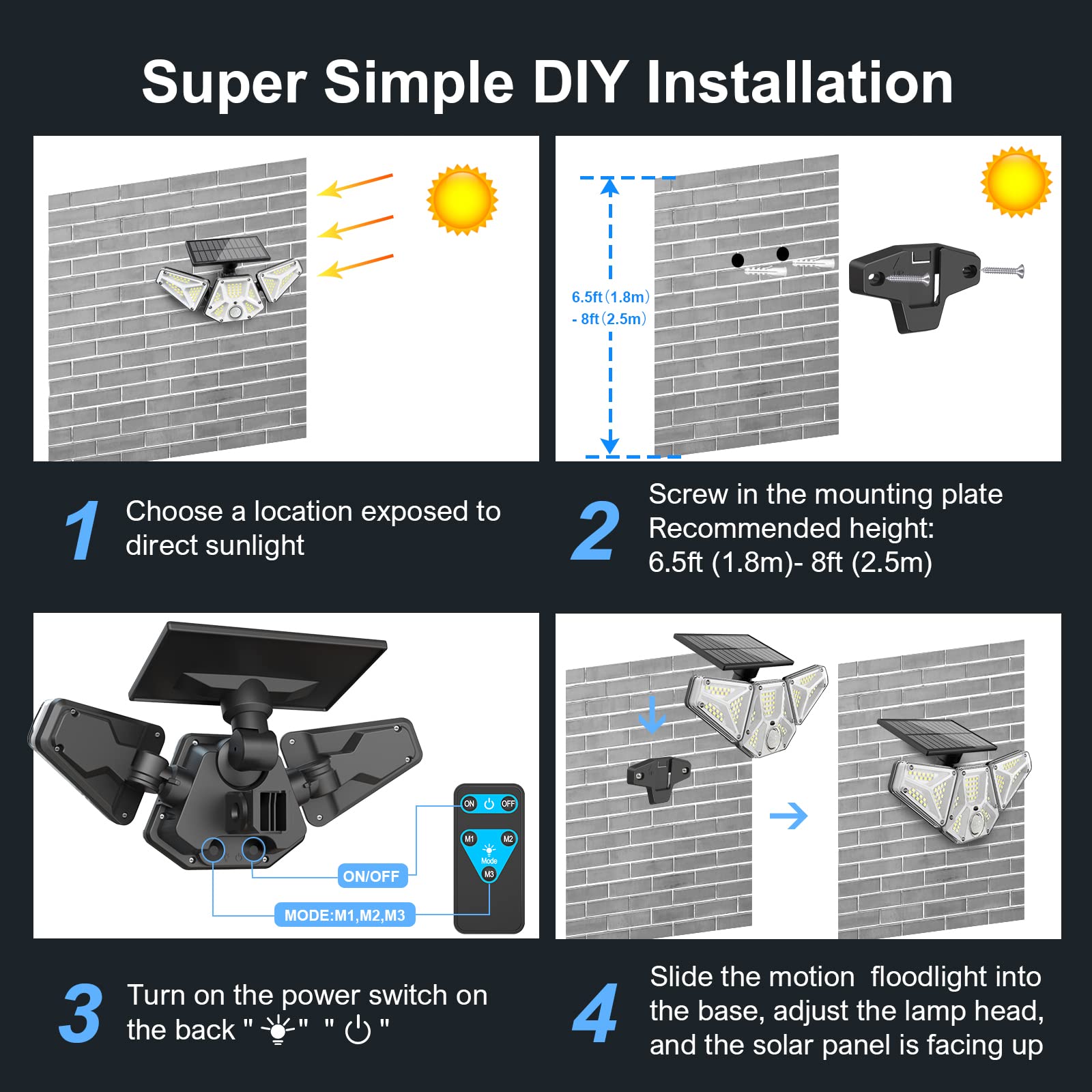 QUNCWL Solar Motion Sensor Light Outdoor - 2000LM Flood Lighting Powered Security Light - Bright Adjustable 3-Head Solar LED Lights IP65 Waterproof with Remote for Outside Garage Yard