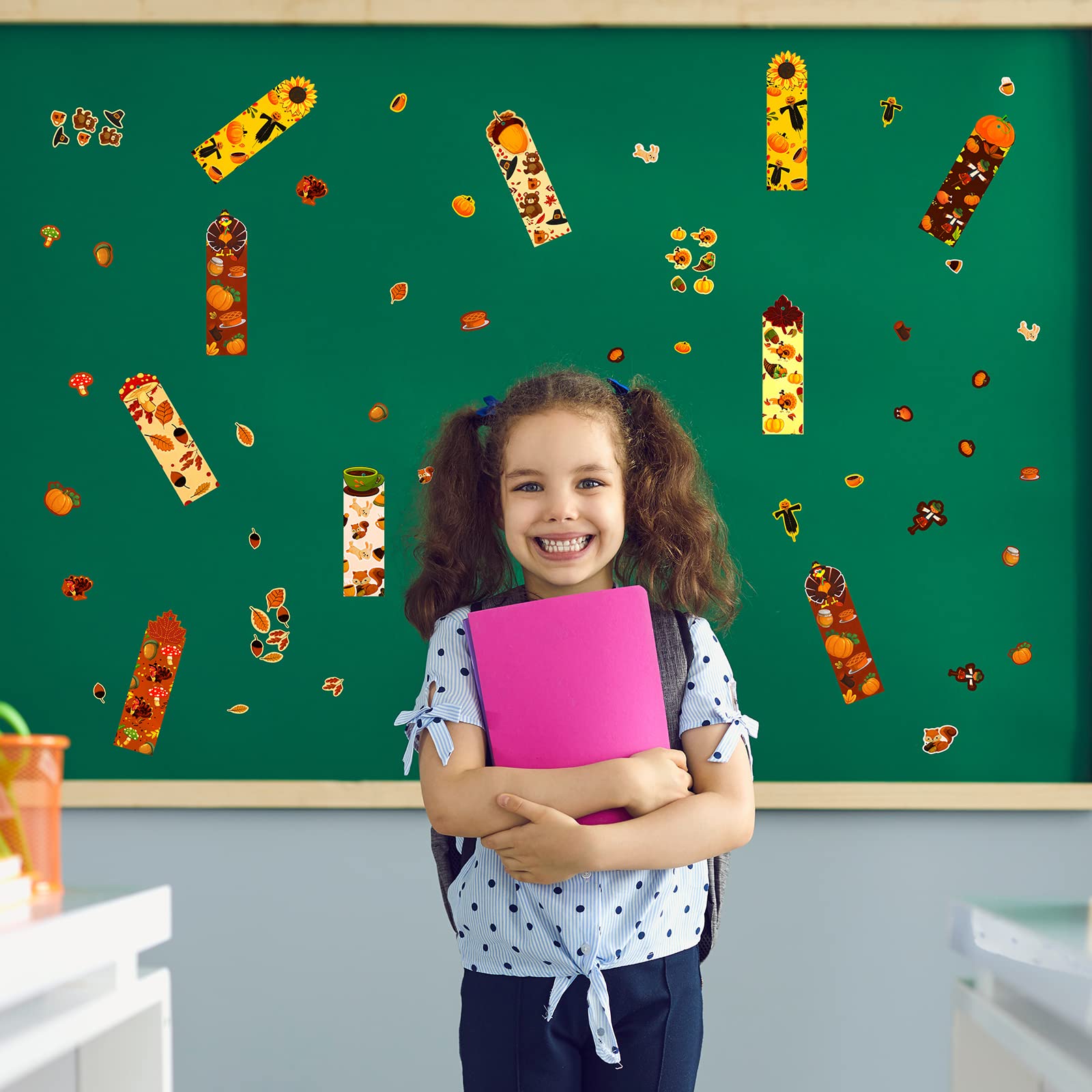Spiareal 24 Sets Fall Decor Autumn DIY Bookmarks for Kids Thanksgiving Fall Craft Kits Paper Blank Bookmarks Art Set with Maple Leaves Turkey Acorn Mushroom Sunflower Pumpkins Stickers for Art Kit