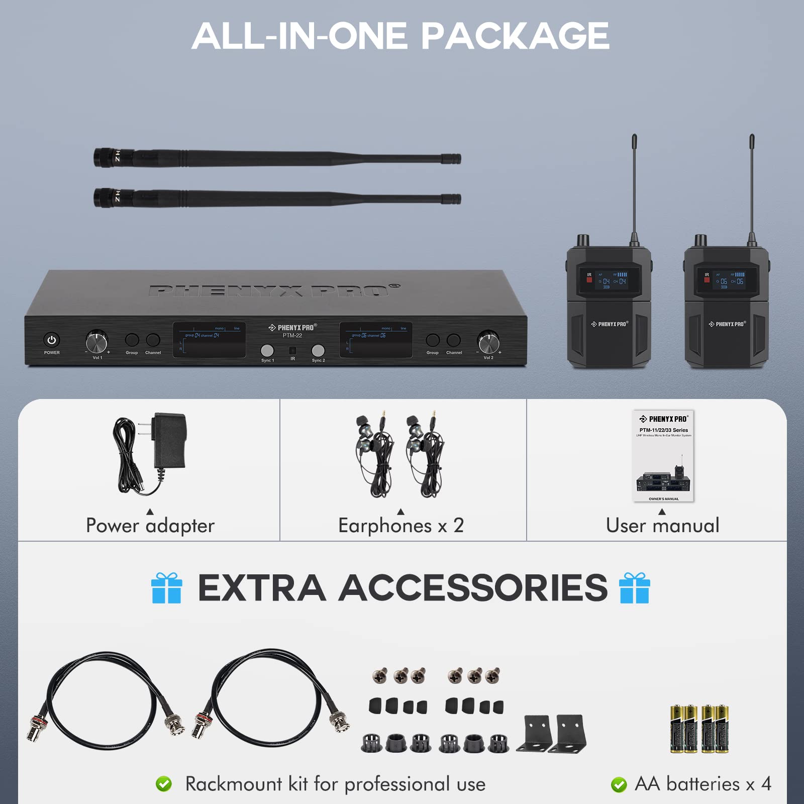 Phenyx Pro UHF Mono Dual Wireless in-Ear Monitor System, Metal Wireless IEM System, Sturdy Bodypack Receiver, 2x50 Frequencies, Separate Outputs,164ft Operation, Suitable for Band and Studio (PTM-22)