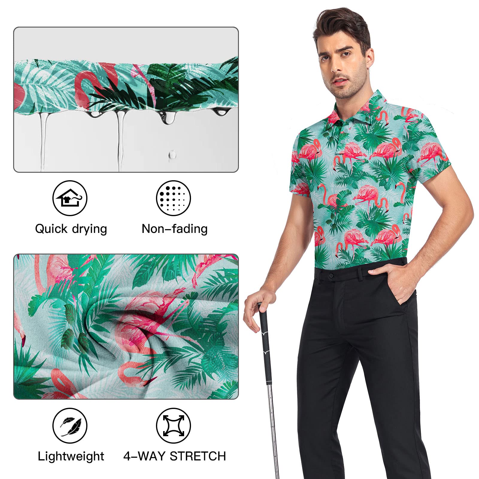Soneven Men Short Sleeve Golf Shirts Polo Shirts Print Performance Moisture Wicking Golf Polos for Mens Flamingos