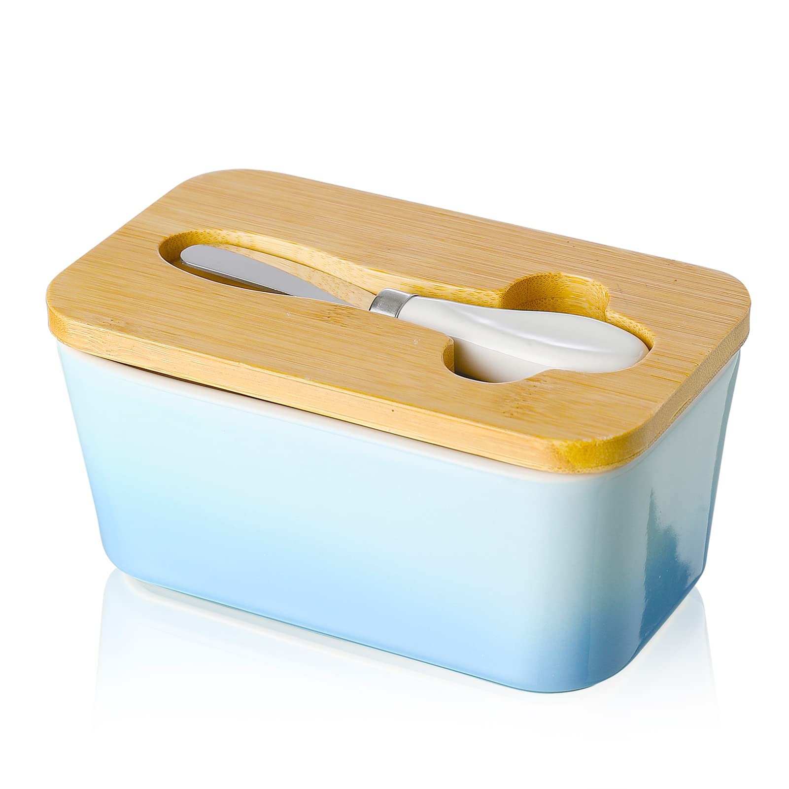 Porcelain Butter Dish with Knife & Wooden Lid, Candiicap Airtight Butter Keeper for Countertop, Large Butter Holder for East West Coast Butter(Matte Pink)