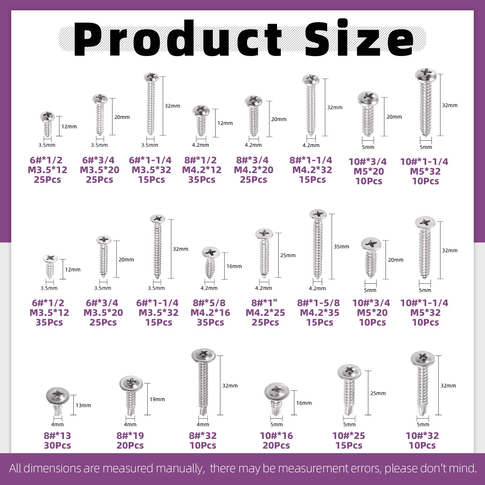 Swpeet 435Pcs 3 Types #6#8#10 SAE 304 Stainless Steel Round Pan Head and Phillips Flat Head Self Tapping Sheet Metal Screws Wood Screws with 410 Stainless Steel Truss Head Fast Self Tapping Screws
