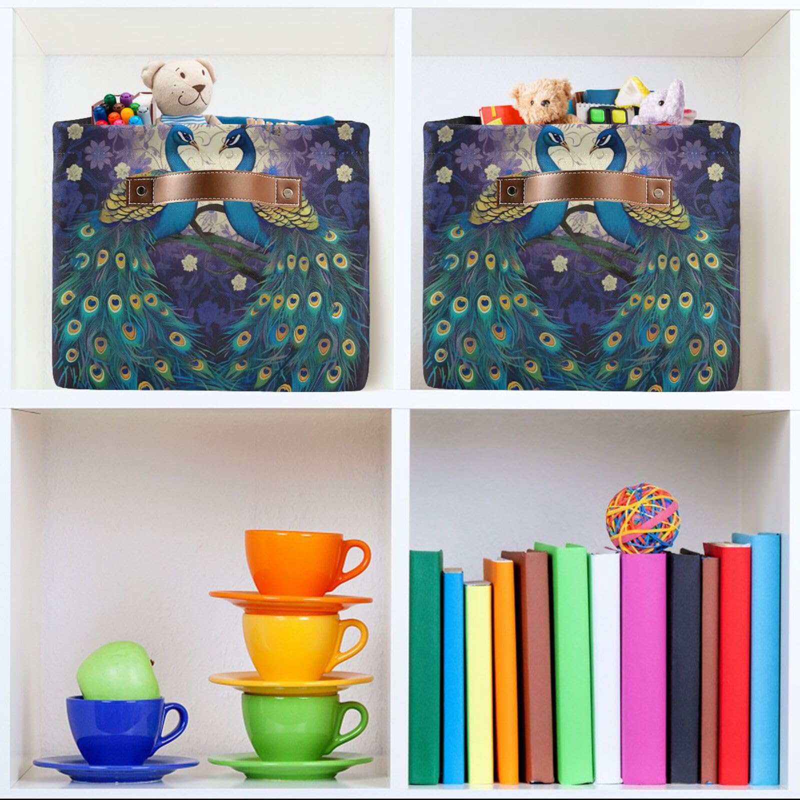 xigua Peacocks Pattern Storage Bins Foldable Canvas Fabric Storage Basket with Handles for Organizing, Large Storage Baskets for Shelves Closet