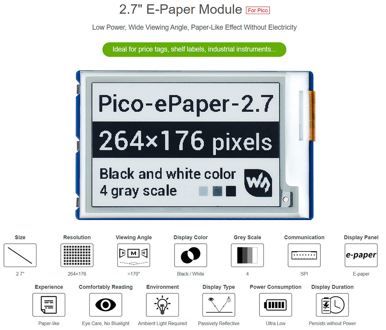 waveshare 2.7inch E-Paper Display Module for Raspberry Pi Pico, 264×176 Resolution Black/White Two-Color E-Ink Screen, SPI Interface 4 Grayscale,with Three User Buttons for Easy Interacting