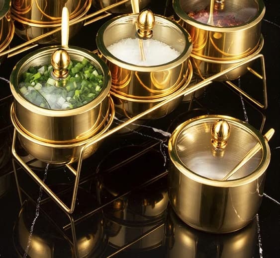 Mozacona Gold Stainless Steel Sugar Bowl Spice Jar Seasoning Pot Storage with Lid Spoon