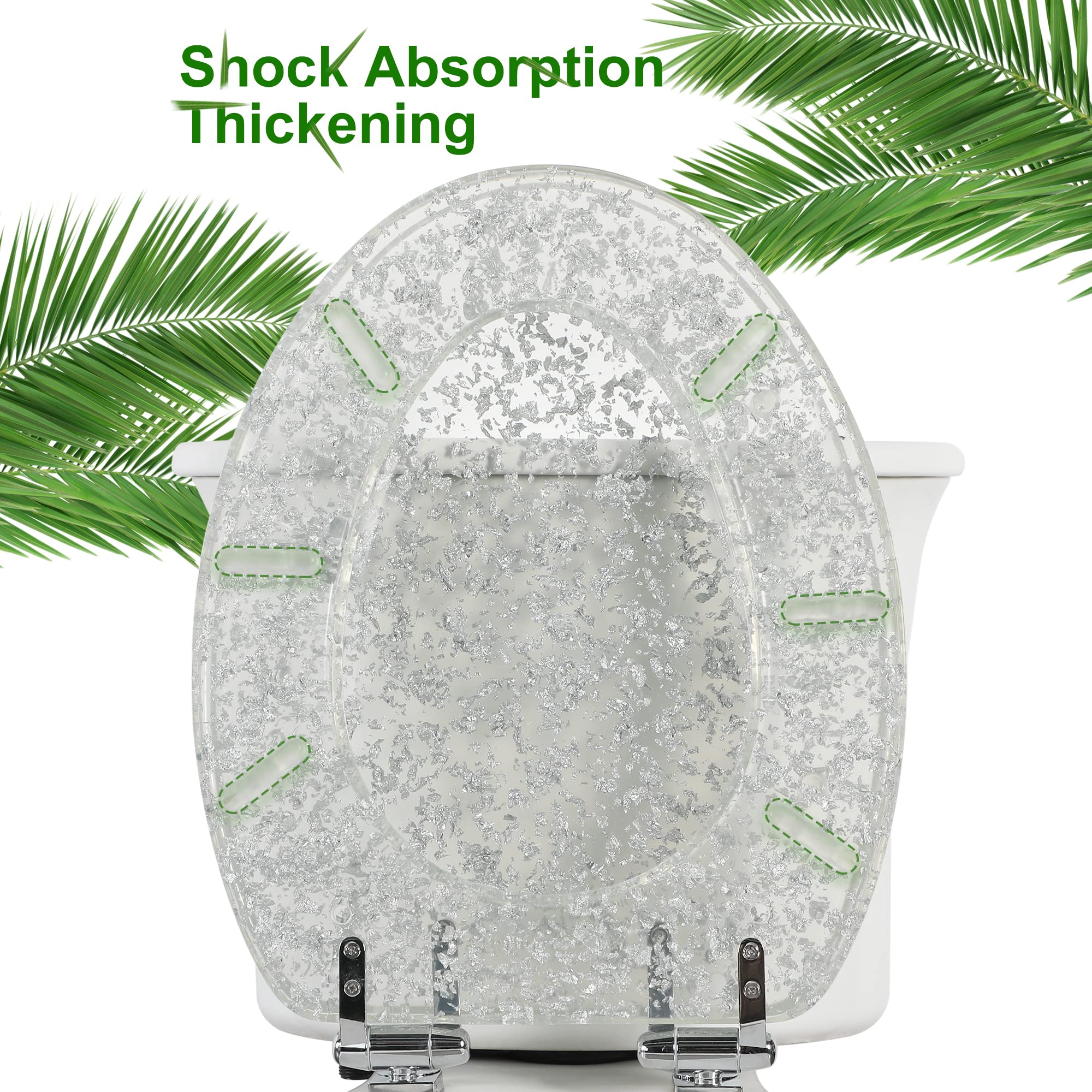 Resin Toilet Seat Elongated Soft Close Quick Release Heavy Duty Toilet Seats with Glitter Cover Acrylic Seats Silver Foil 19 Inch