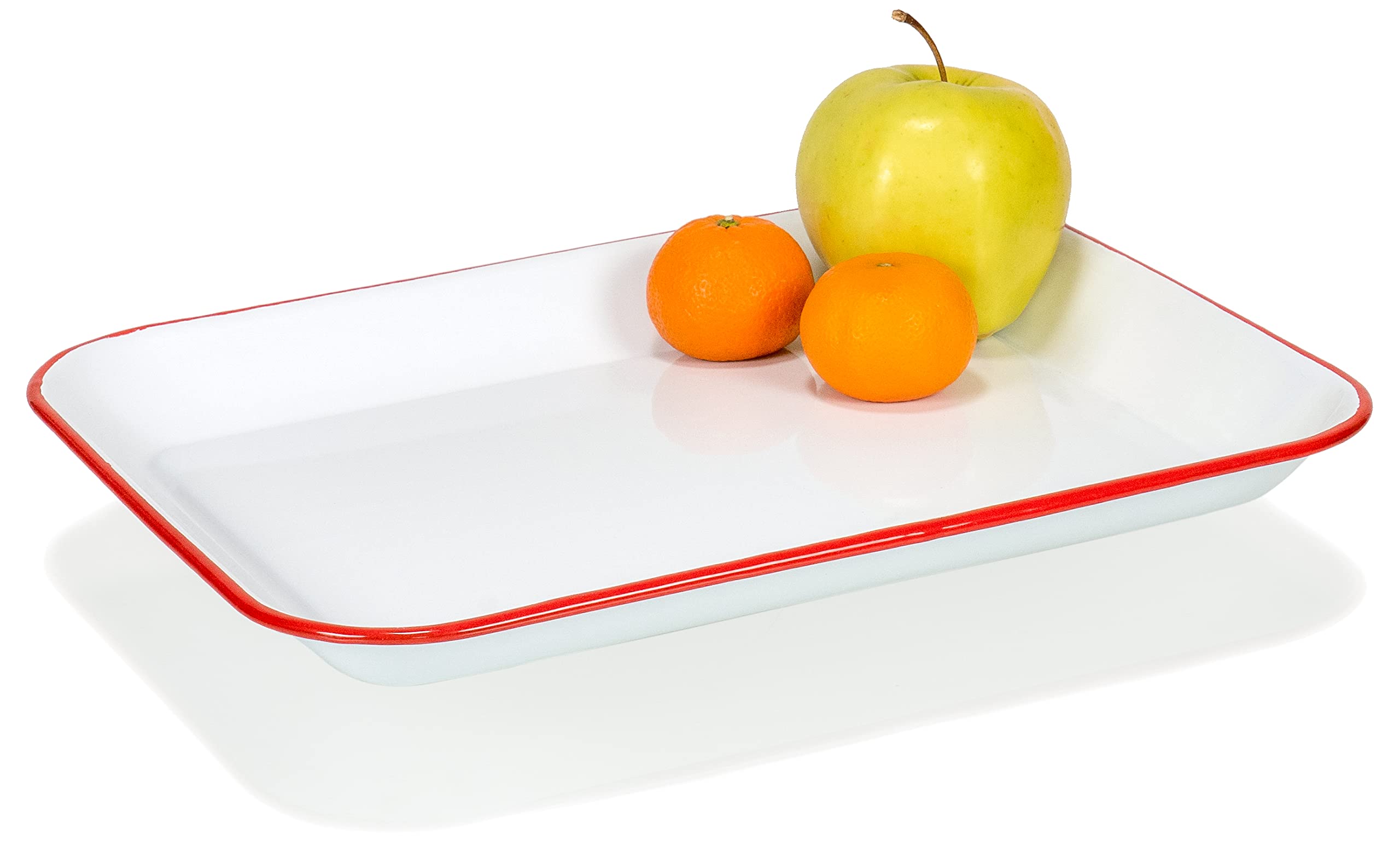 Red Co. 13.5” x 10” Enamelware Metal Classic 1.6-Quart Rectangular Serving Tray, Solid White/Red Rim