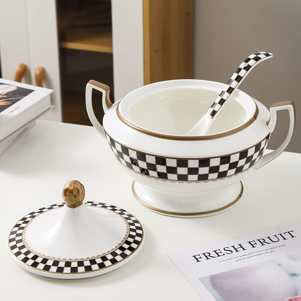 Porlien Checker Dinner Serving Set with Soup Tureen, Soup Ladles, Gravy Boat with Ladle and Stand and Salt & Pepper Shaker