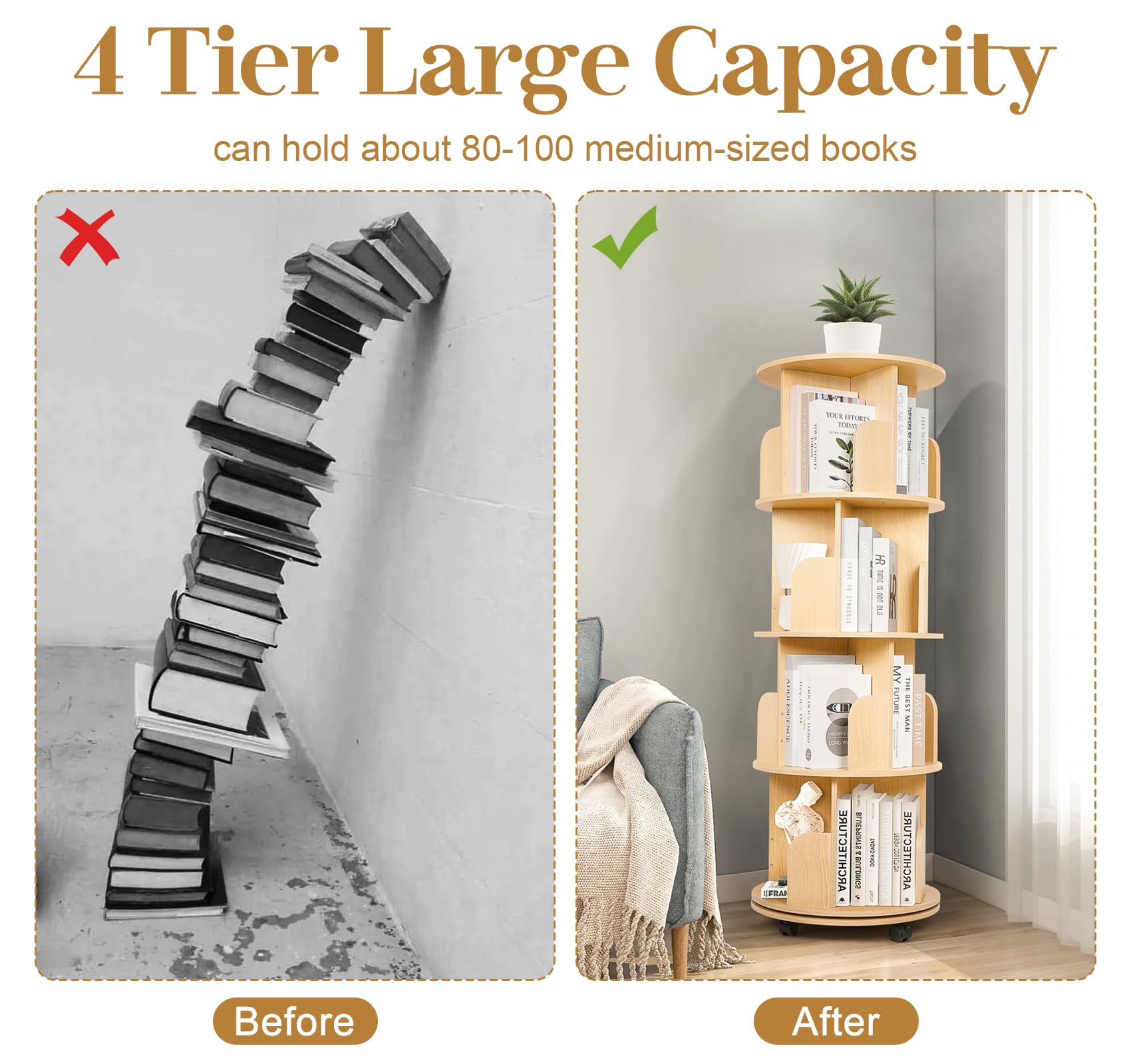 tonchean 4 Tier Rotating Bookshelf Tower,Wood Revolving Bookcase with Wheels Vertical Kids Toddler Bookshelf with Storage,Corner Display Bookshelf Rack for Library Study Office Living Room