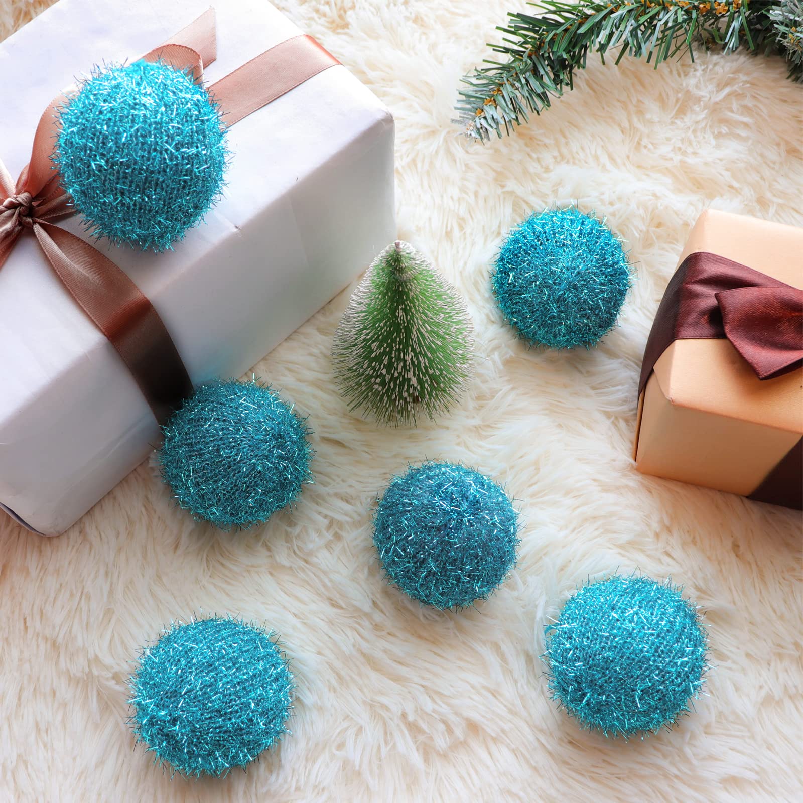 LimBridge Christmas Tree Ornaments, 6 Pcs Knitted Sparkle Glitter Bling Christmas Ball Decorations, for Xmas Decor Holiday Decor, Shimmer Sky Blue…