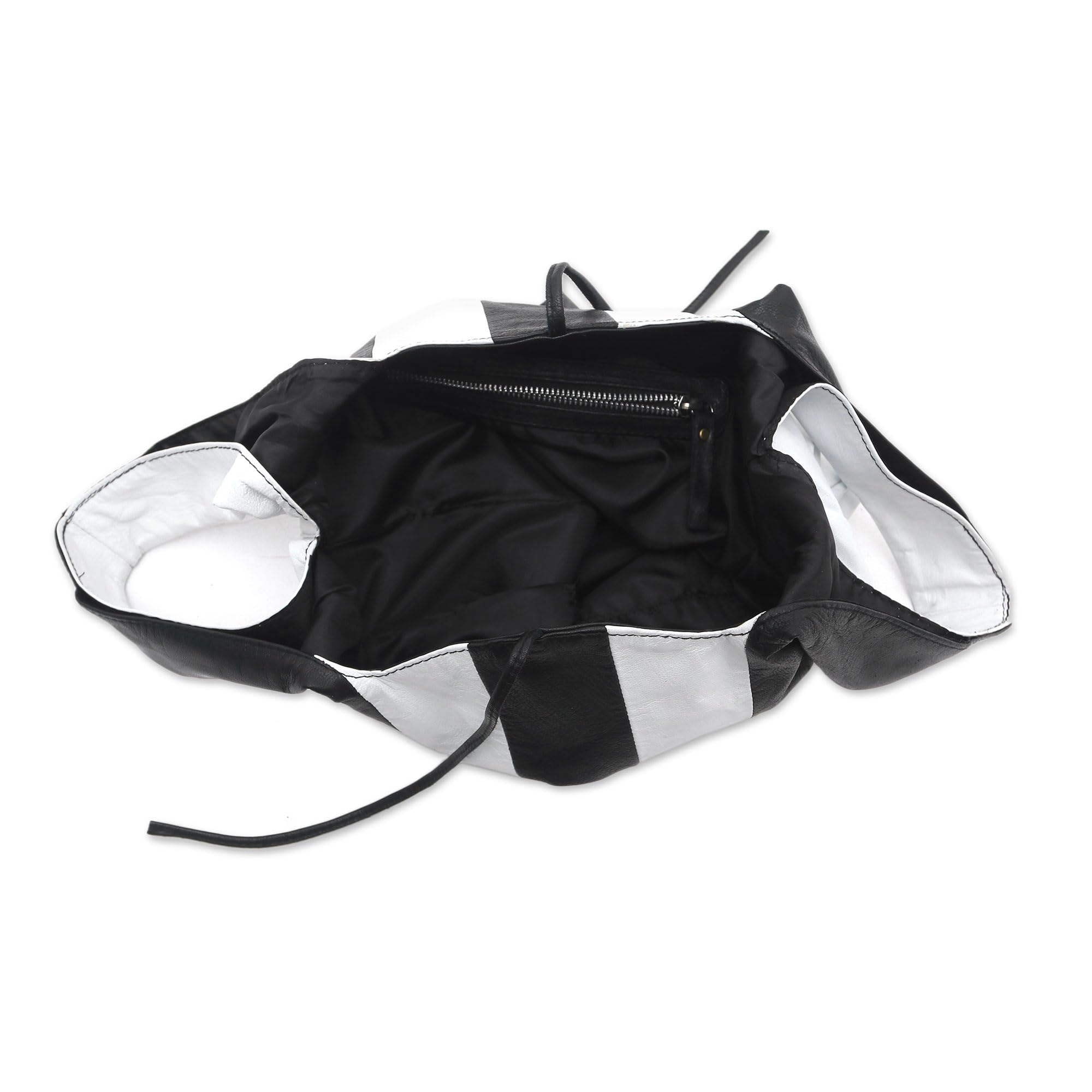 NOVICA Handmade Leather Tote Black White Striped from Bali Handbags Indonesia Modern 'Kresek Style'