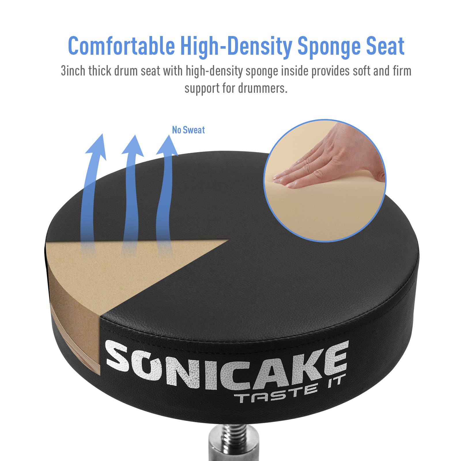 SONICAKE Drum Throne Adjustable Drum Stool Foldable with Anti-Slip Padded Seat Black