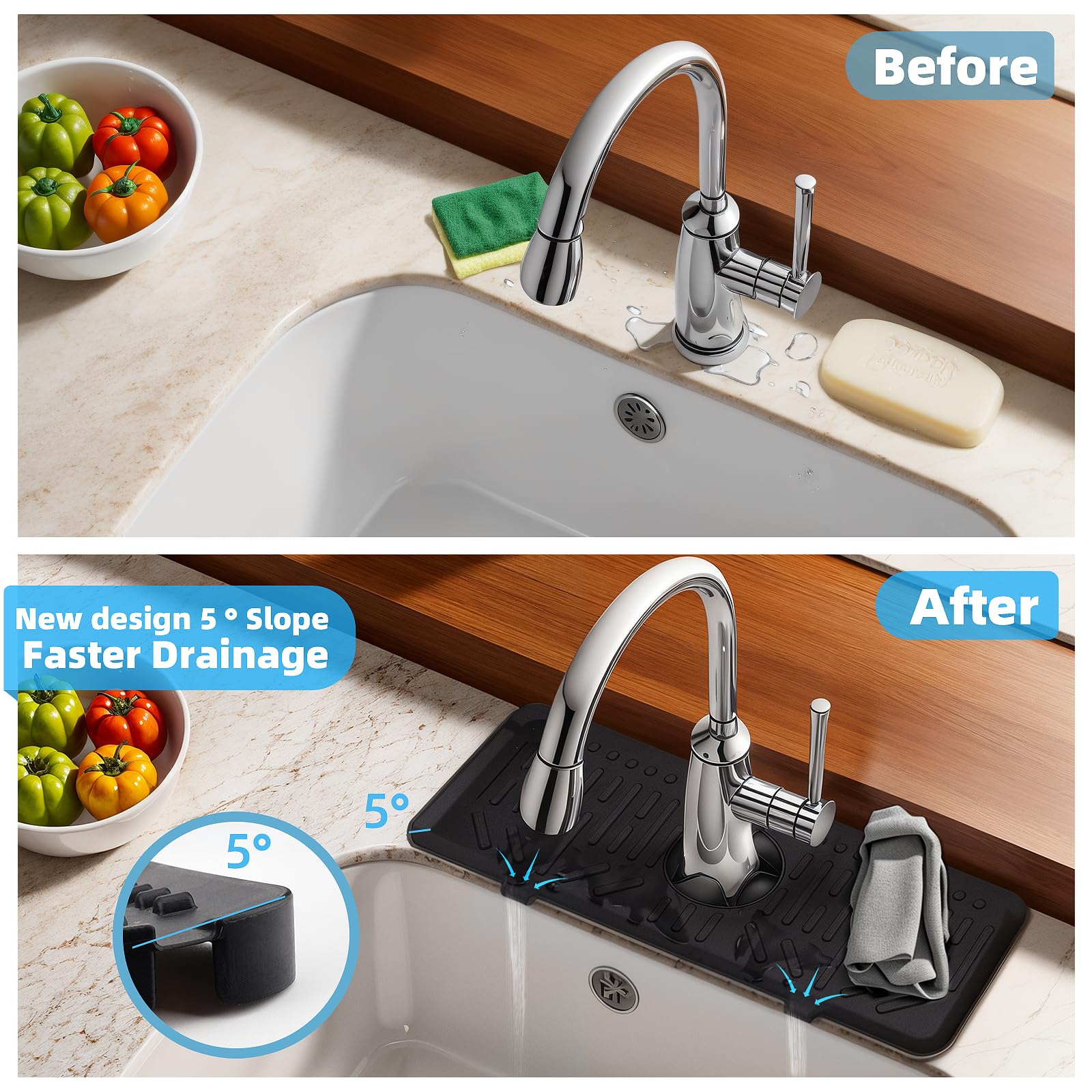 SXhyf Kitchen Sink Splash Guard, Sink Protectors for Kitchen Sink, Faucet Mat for Kitchen Sink, Faucet Drain Pad, Kitchen Gadgets for Kitchen, Rv and Bathroom, 14β x 5.7β(Black)