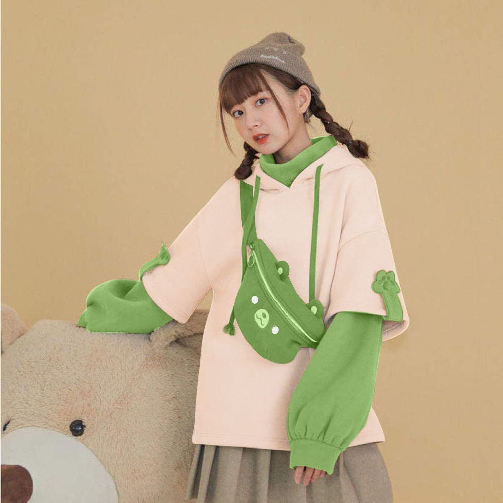 Mimacoo Cute Bear Hoodies for Teen Girls Brown Sweatshirt Long Sleeve Shirts Oversized Pullover with Personality Bag