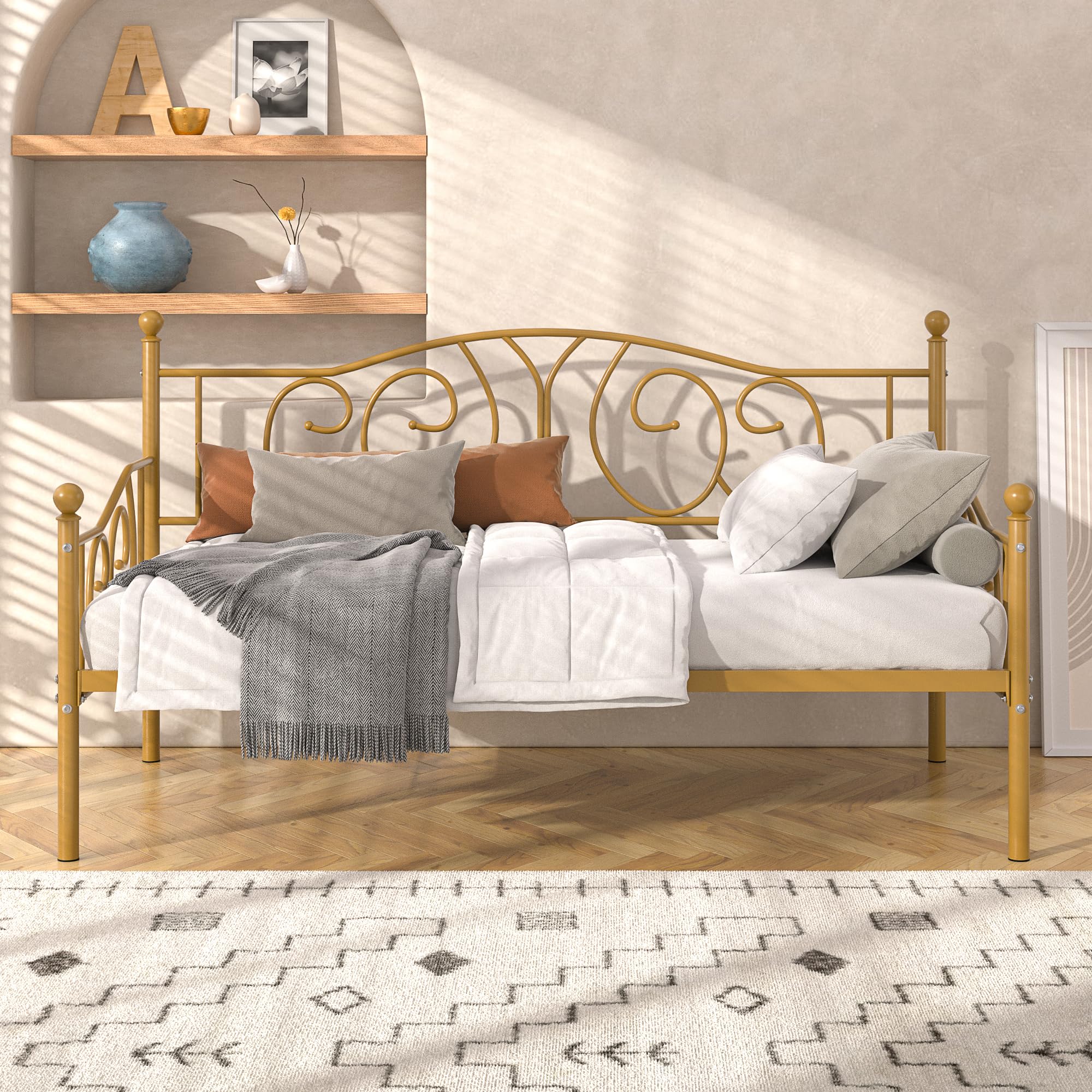 VECELO Twin Daybed Frame, Metal Day Bed with Classic Headboard, Multifunctional Platform Beds for Bedroom, Living Room, Guest Room, No Boxing Spring Needed, Black