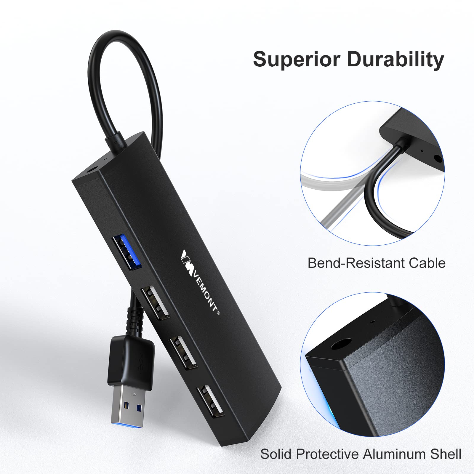 USB Hub,VEMONT 4-Port USB Data Hub with 3 Ports USB 2.0 HUB, 1port USB 3.0 HUB,Ultra Slim Portable High-Speed USB Splitter Applicable for PC Laptop, Desktop, Notebook, MacBook and More