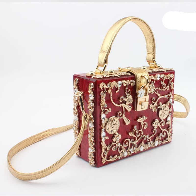 SXNBH Acrylic Box Evening Bag Ladies Flower Lock Diamond Stone Pattern Small Square Clutch Shoulder Bag Women's Evening Handbag