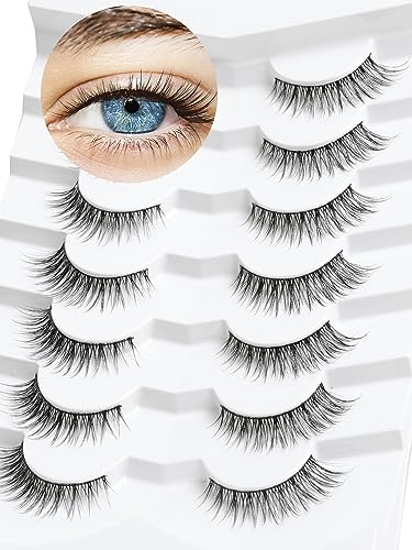 Natural Cat Eyelashes Mink Lashes Wispy Thinner Band 14mm False Eyelashes Natural Look 3D Volume Lashes C Curl Fake Eyelashes 7 Pair Siligli
