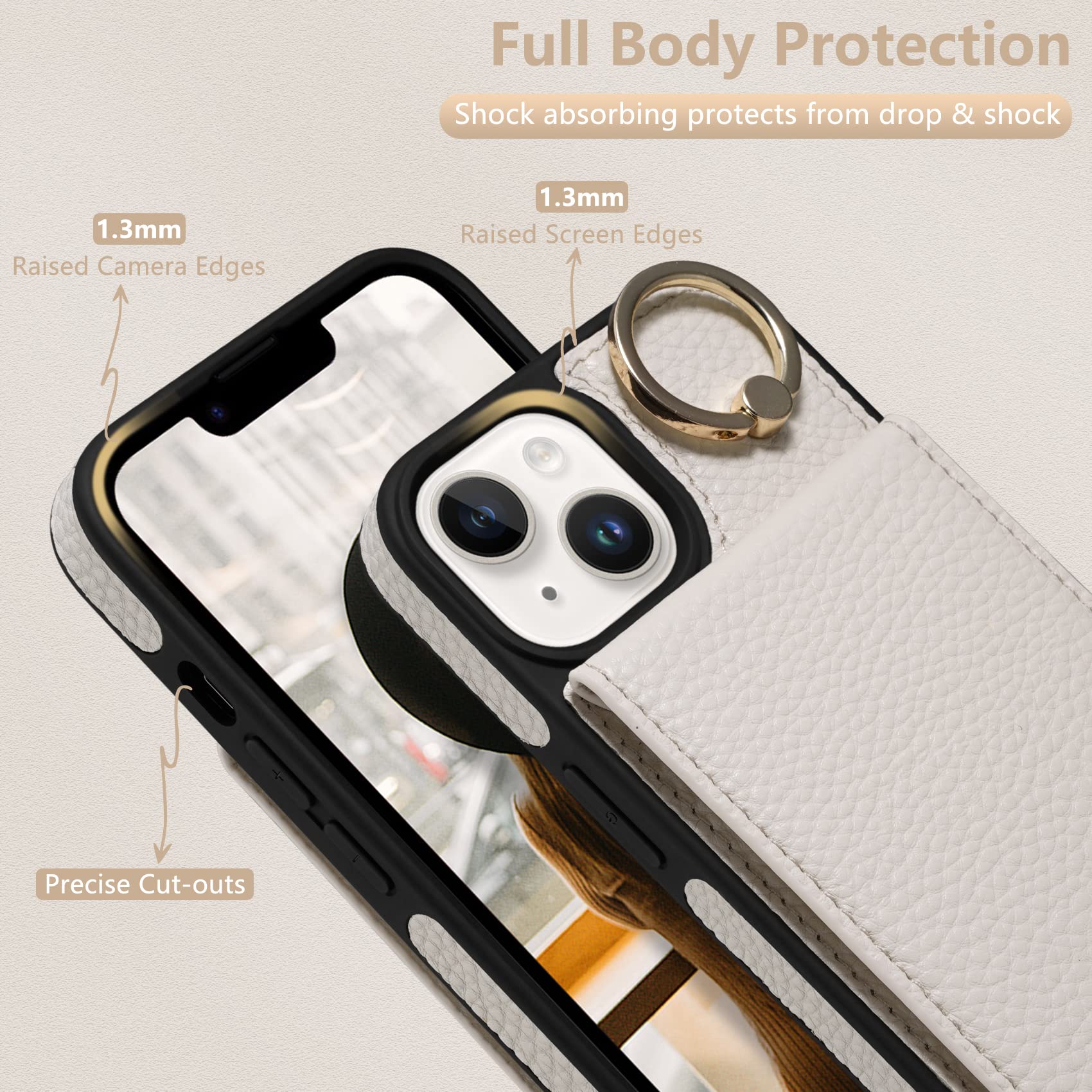 Keallce Case for iPhone 14 Plus 6.7'' Detachable Crossbody Wallet Case with RFID Blocking Card Slots, 360ーStand Ring Flip Leather Protective Cover Lanyard Shoulder Strap Women for iPhone 14 Plus,Beige