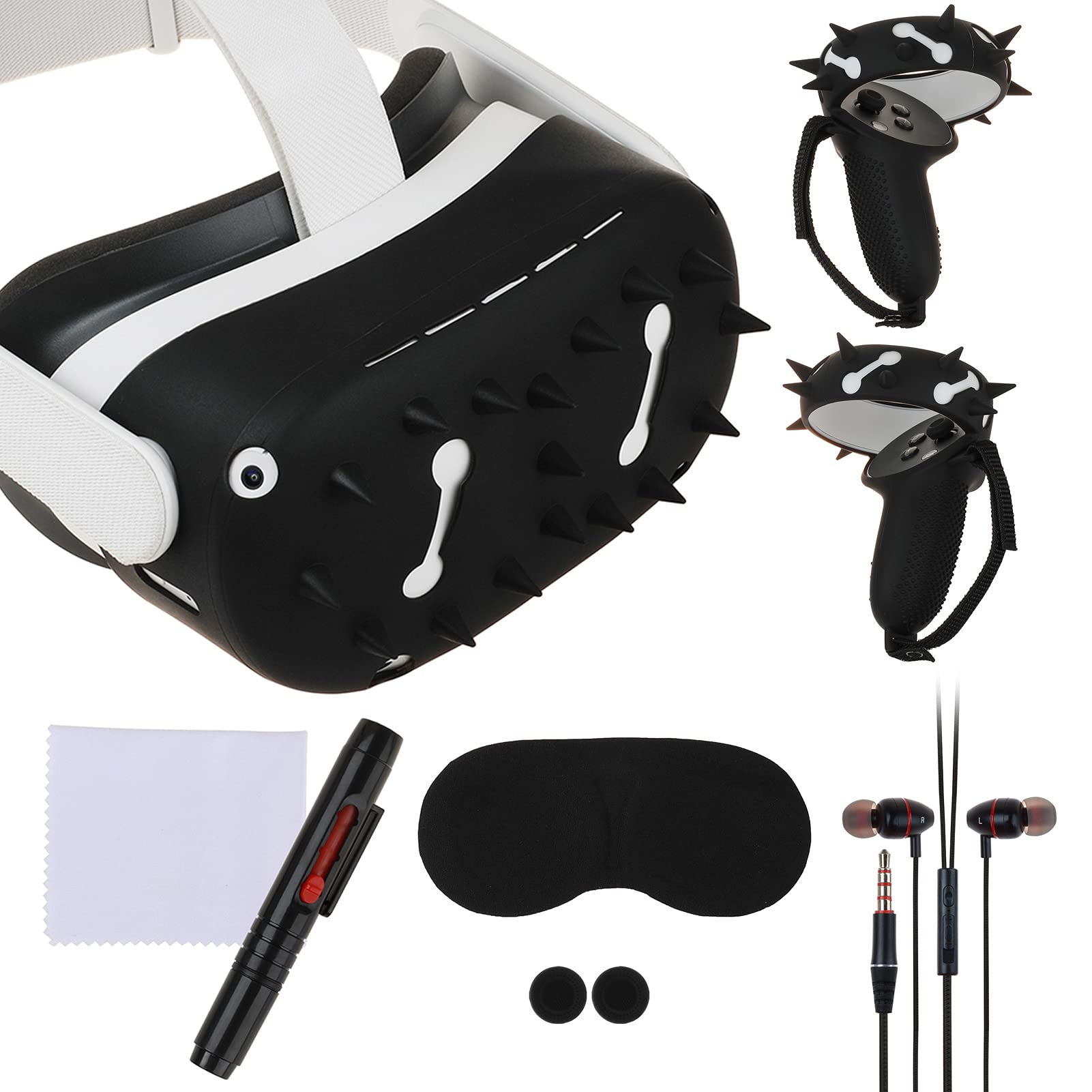 Pickeico 9-in-1 Accessories for Oculus Quest 2, Quest 2 VR Silicone Face Cover and Quest 2 Touch Controller Grip Covers, Quest 2 Headphone and Thumb Button Caps with Lens Cleaning Pen & Cloth(Black)