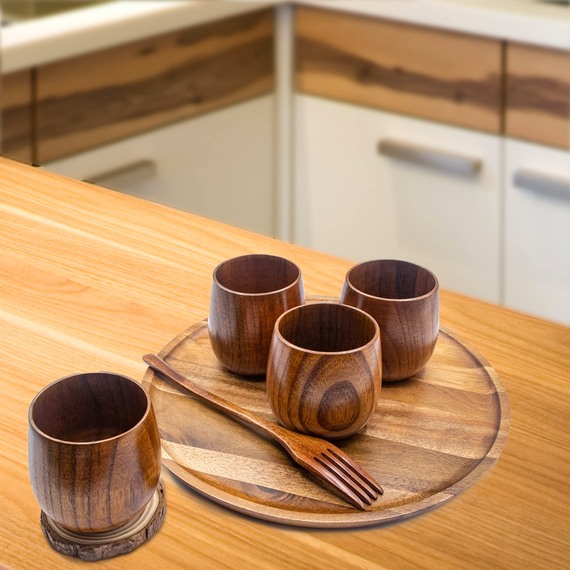 Originalidad 4 Pack Wooden Tea Cups,Japanese Tea Cups, Natural Solid Wood Tea Cup for Drinking Tea Coffee Wine Beer Hot Drinks,Tea Lover, Gift,Kitchen Accessories (100-200 ML)