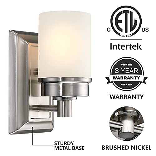 MOTINI 1-Light Bathroom Vanity Light Fixture Wall Sconce Lighting Brushed Nickel Finish with Tube Frosted Glass