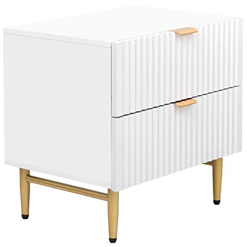 White Nightstand Set of 2 with Drawers, Bed Side Table/Night Stand, Small End Side Tables, Modern Wood Storage Bedside Tables with 2 Drawers and Golden Handle for Small Space, Bedrooms, Living Room
