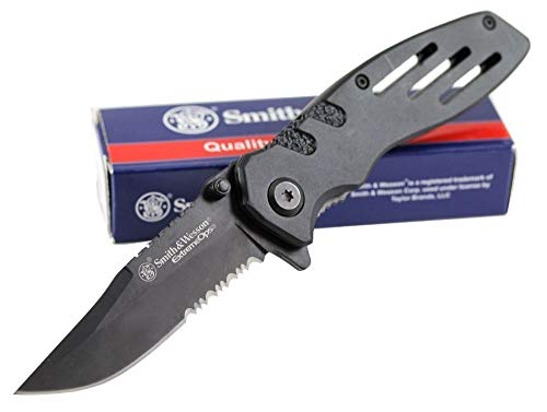 Smith & Wesson Extreme Ops SWA24S 7.1in S.S. Folding Knife with 3.1in Serrated Clip Point Blade and Aluminum Handle for Outdoor, Tactical, Survival and EDC,Black