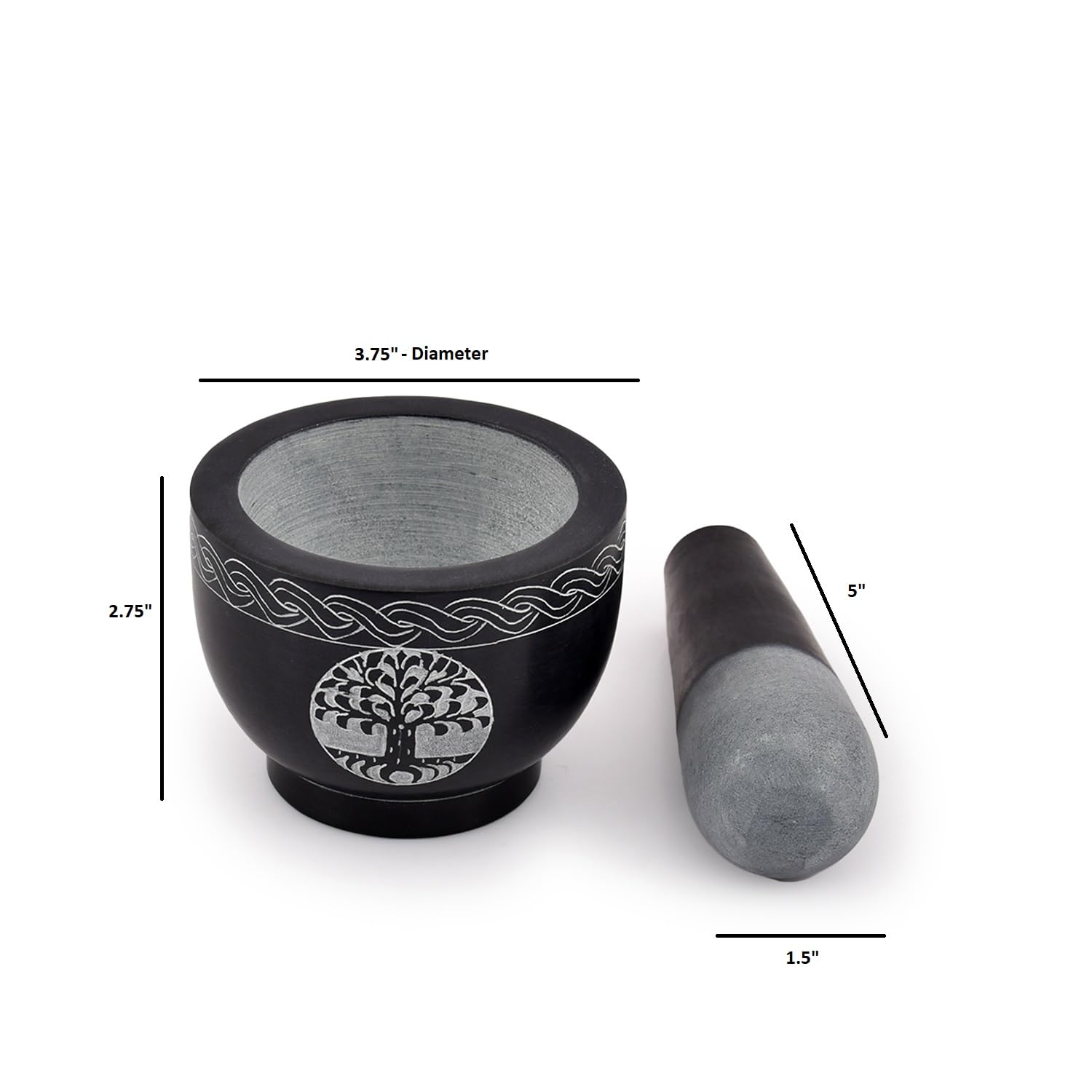 Samhita Tree of Life Natural Stone Mortar & Pestle Mortar Diameter- 3.75"x 2.75" Pestle-5" x 1.5"