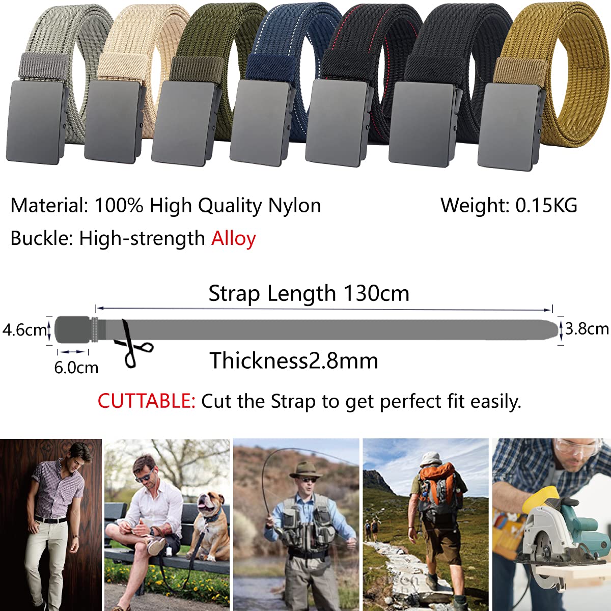 Mens Web Belts for Work, Metal Buckle Field Belt for Outdoor Sport Golf Hiking Skiing, Adjustable for Pants Size Below 46inches[53" Long 1.5" Wide](Black)