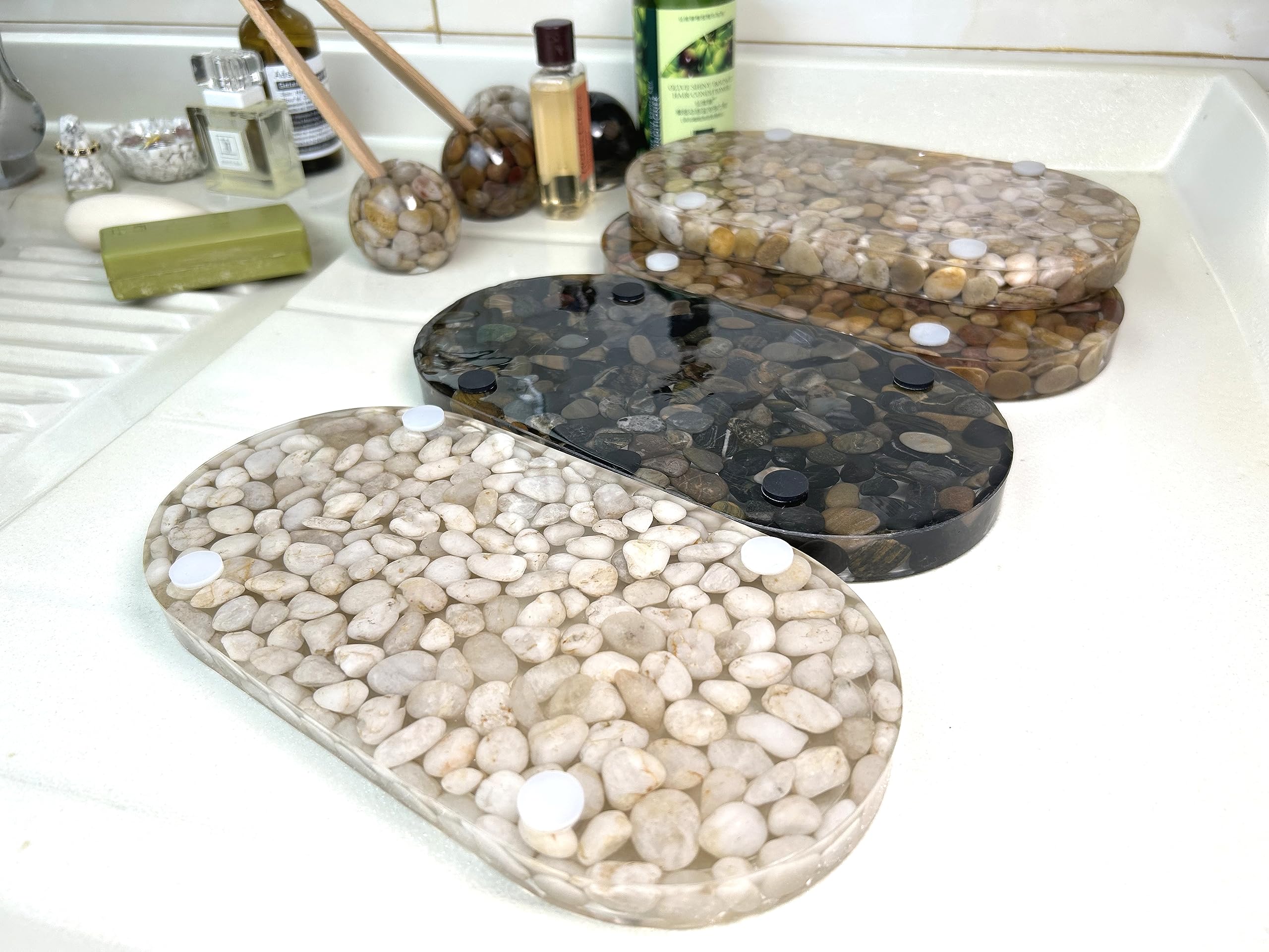 Natural Stone Pebbles Bathroom Tray for Counter Vanity Tray Kitchen Soap Tray