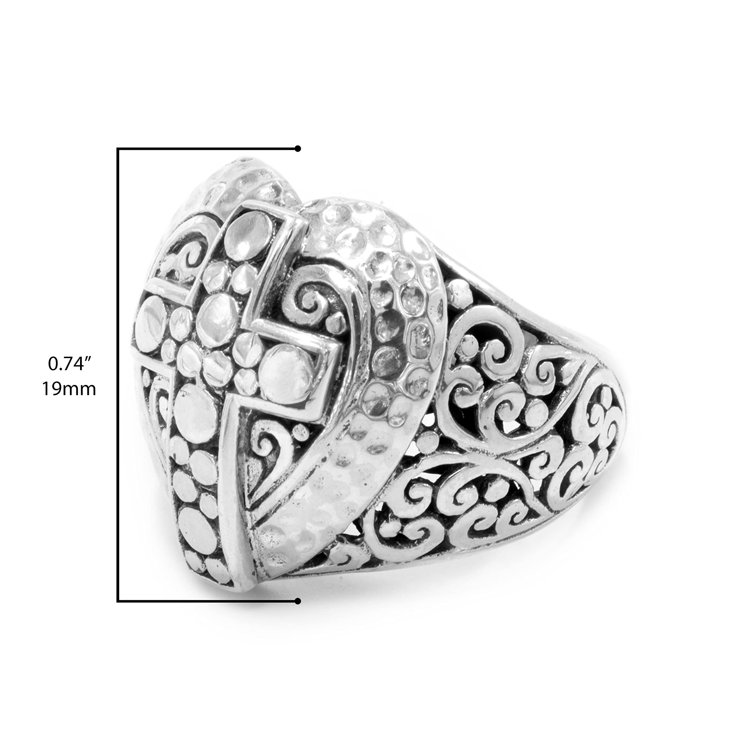 SARDA - .925 Sterling Silver Flat Jawan & Tree of Life Heart Cross 3/4" Statement Ring - Handmade by Bali Artisans - Size 8
