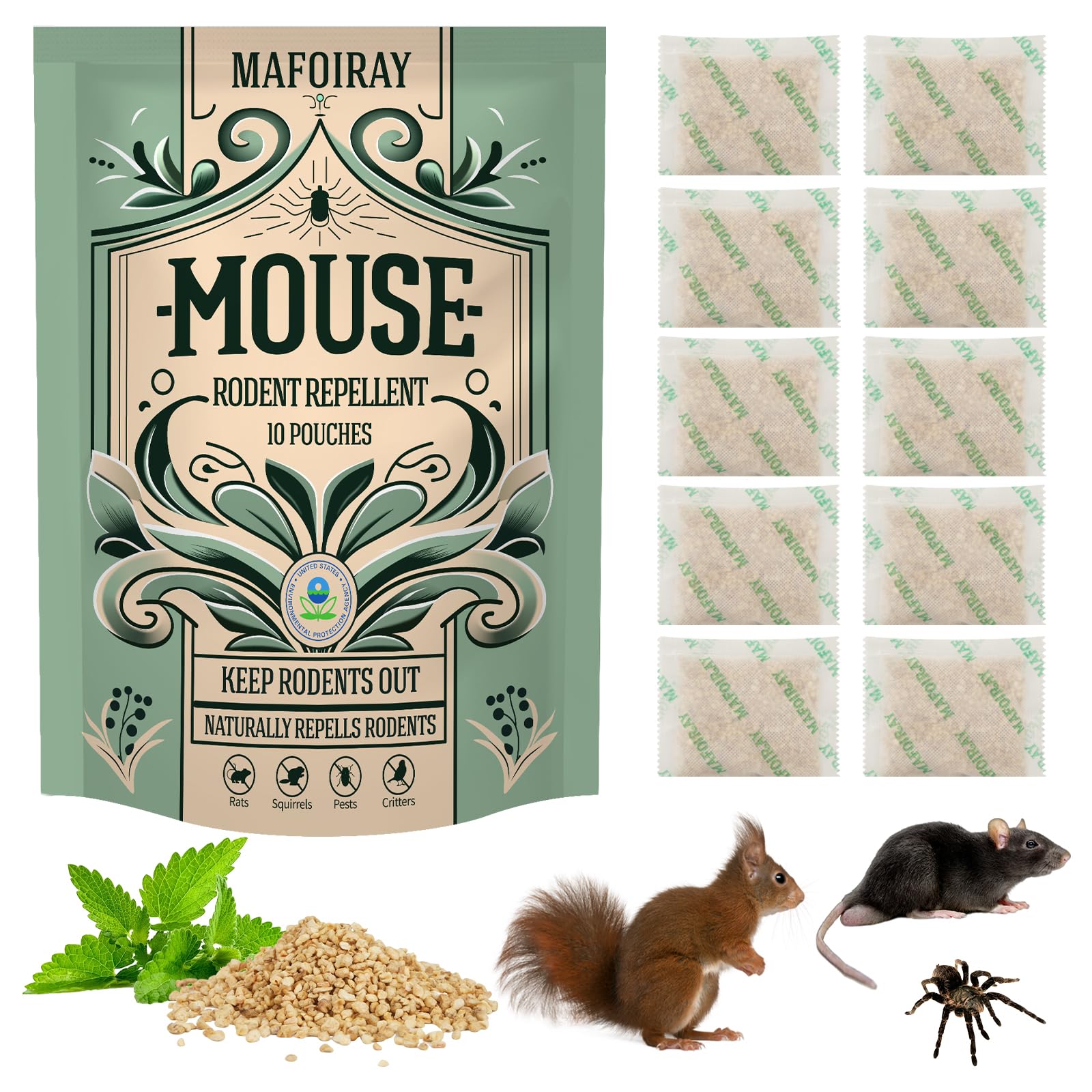 Rodent Repellent, Mafoiray Mouse Repellent Pouches Squirrel Repellent Natural Rodent Repelling, Eco-Friendly Peppermint Oil Outdoor to Keep Mice Out, Repel Mice from RV/Car/Garage/Home/Garage